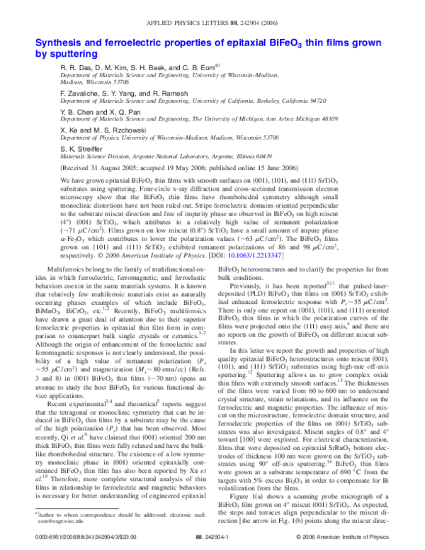 (PDF) Synthesis and ferroelectric properties of epitaxial BiFeO3 thin films grown by sputtering