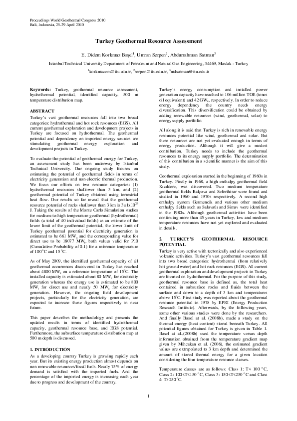 (PDF) Turkey Geothermal Resource Assessment