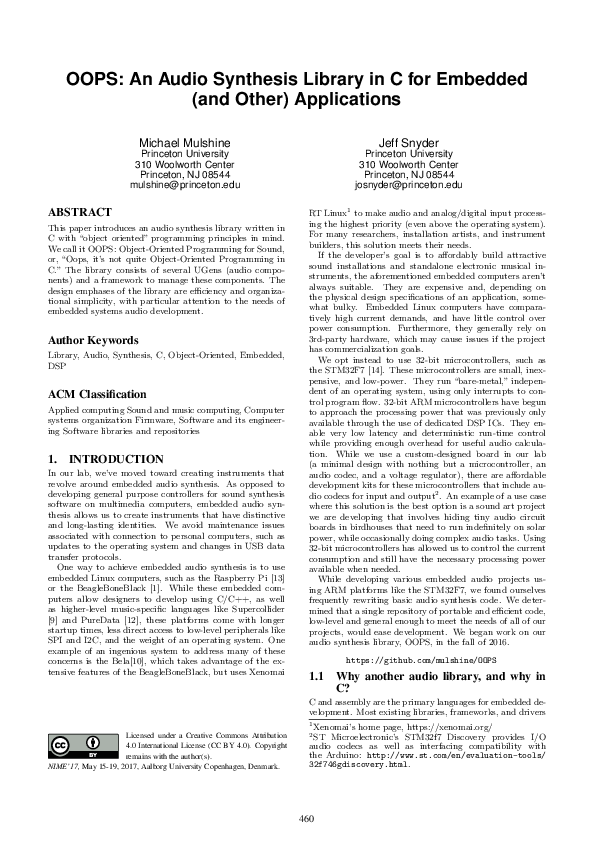 (PDF) Oops: An Audio Synthesis Library In C For Embedded (And Other) Applications