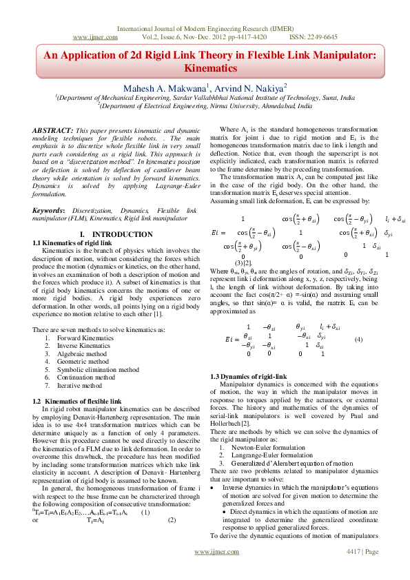 (PDF) An application of 2d rigid link theory in flexible link manipulator: Kinematics