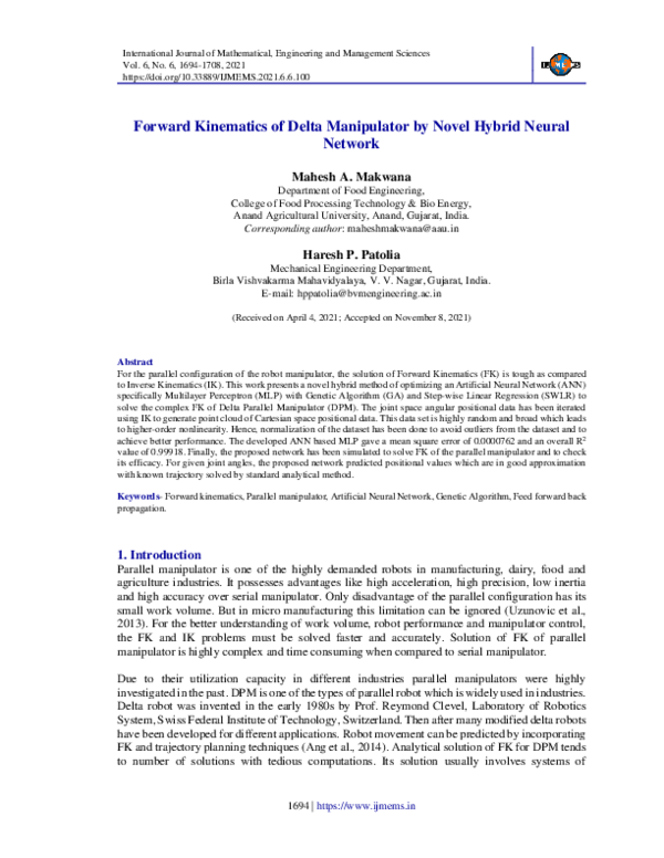 (PDF) Forward Kinematics of Delta Manipulator by Novel Hybrid Neural ... (PDF) Forward Kinematics of Delta Manipulator by Novel Hybrid Neural ...