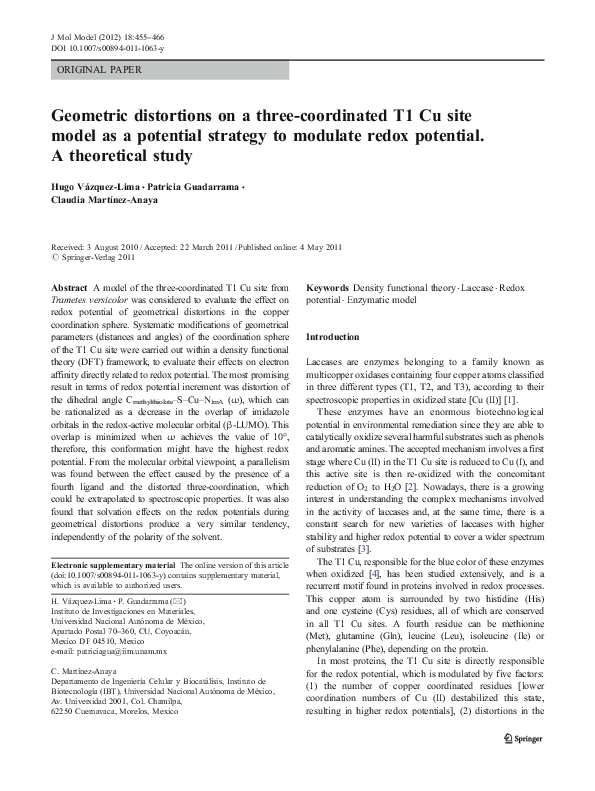 (PDF) Geometric distortions on a three-coordinated T1 Cu site model as a potential strategy to ...