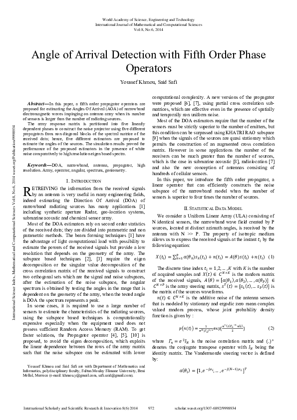 (PDF) Angle Of Arrival Detection With Fifth Order Phase Operators