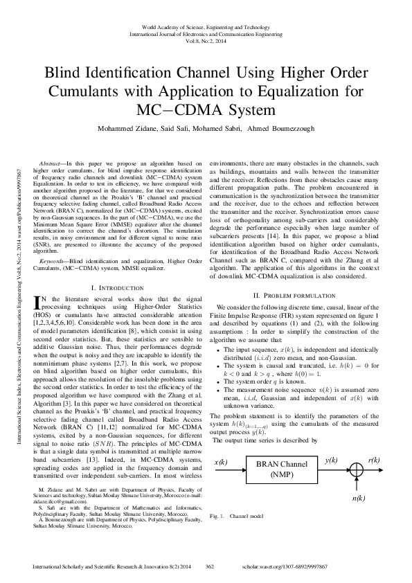 (PDF) Blind Identification Channel Using Higher Order Cumulants With Application To Equalization ...