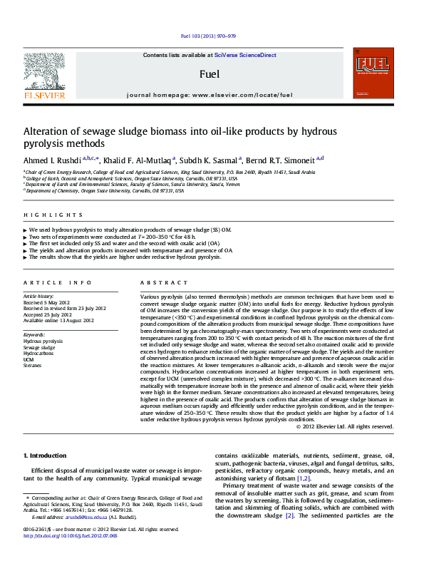 (PDF) Alteration of sewage sludge biomass into oil-like products by ...