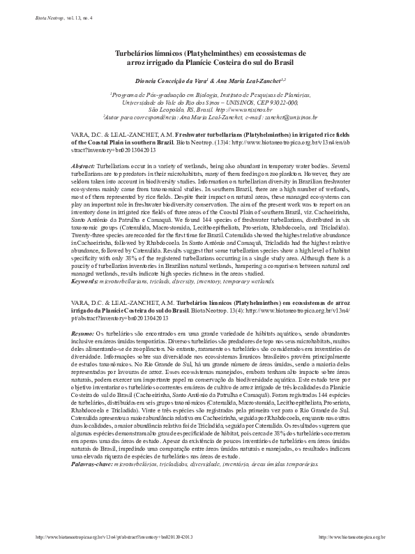 (PDF) Turbelários límnicos (Platyhelminthes) em ecossistemas de arroz ...