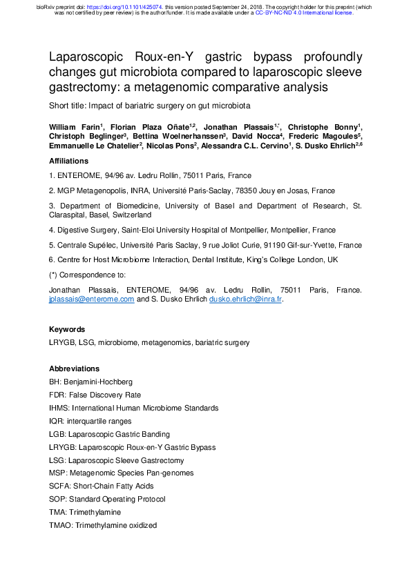 (PDF) Laparoscopic Roux-en-Y gastric bypass profoundly changes gut microbiota compared to ...