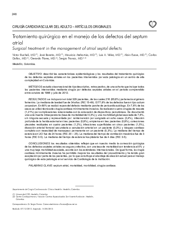 (PDF) Tratamiento quirúrgico en el manejo de los defectos del septum atrial