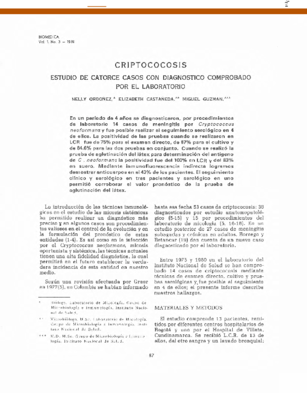 (PDF) Criptococosis Estudio de catorce casos con diagnóstico comprobado por el laboratorio