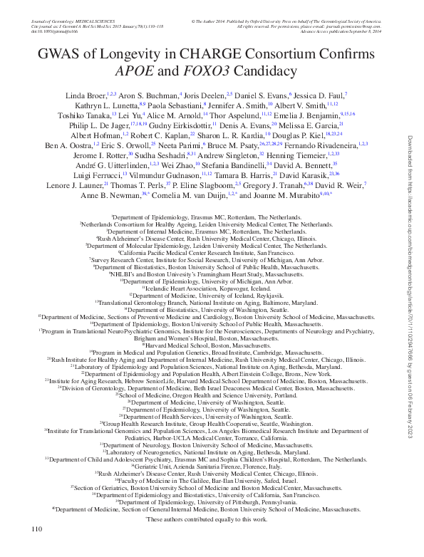 (PDF) GWAS of Longevity in CHARGE Consortium Confirms APOE and FOXO3 ...