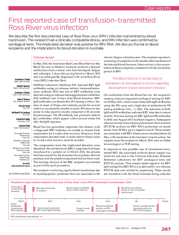 (PDF) First reported case of transfusion‐transmitted Ross River virus ...