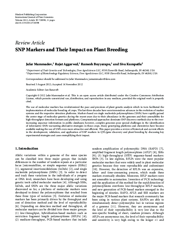 (PDF) SNP Markers and Their Impact on Plant Breeding