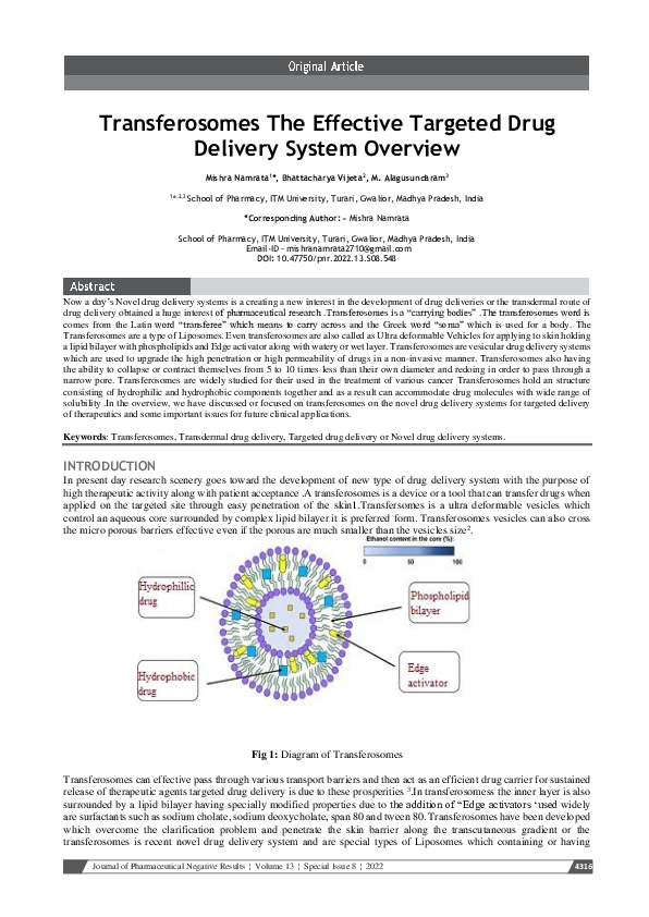 (PDF) Transferosomes The Effective Targeted Drug Delivery System Overview