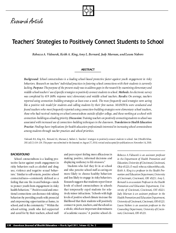 (PDF) Teachers' Strategies to Positively Connect Students to School