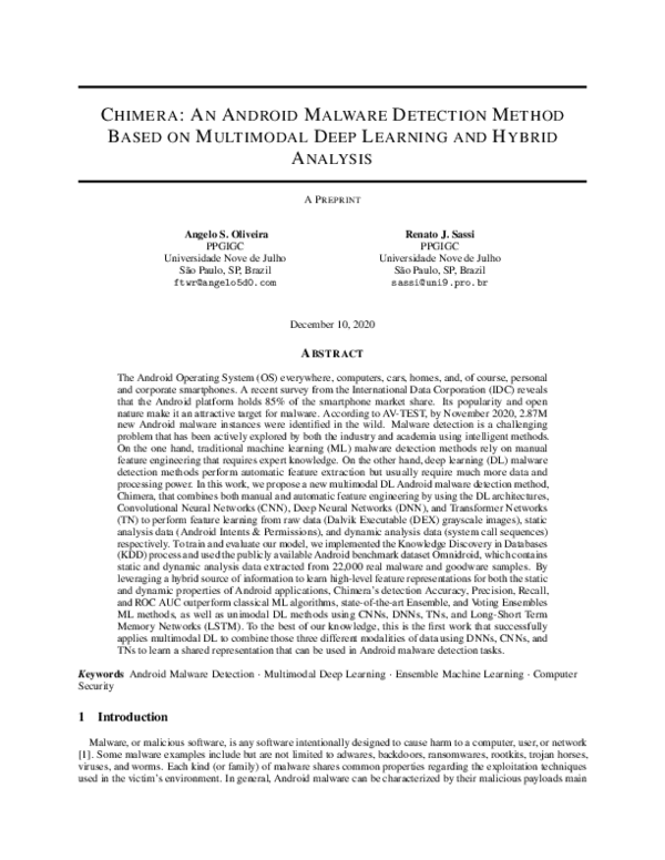 Pdf Chimera An Android Malware Detection Method Based On Multimodal Deep Learning And Hybrid