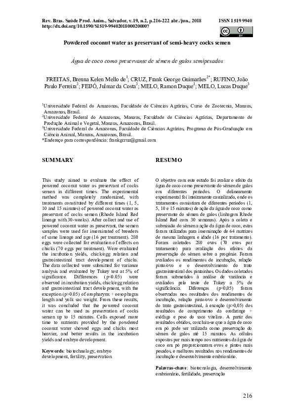 (PDF) Powdered coconut water as preservant of semi-heavy cocks semen