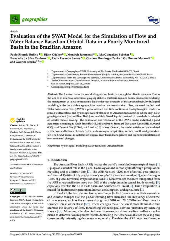 (PDF) Evaluation of the SWAT Model for the Simulation of Flow and Water Balance Based on Orbital ...