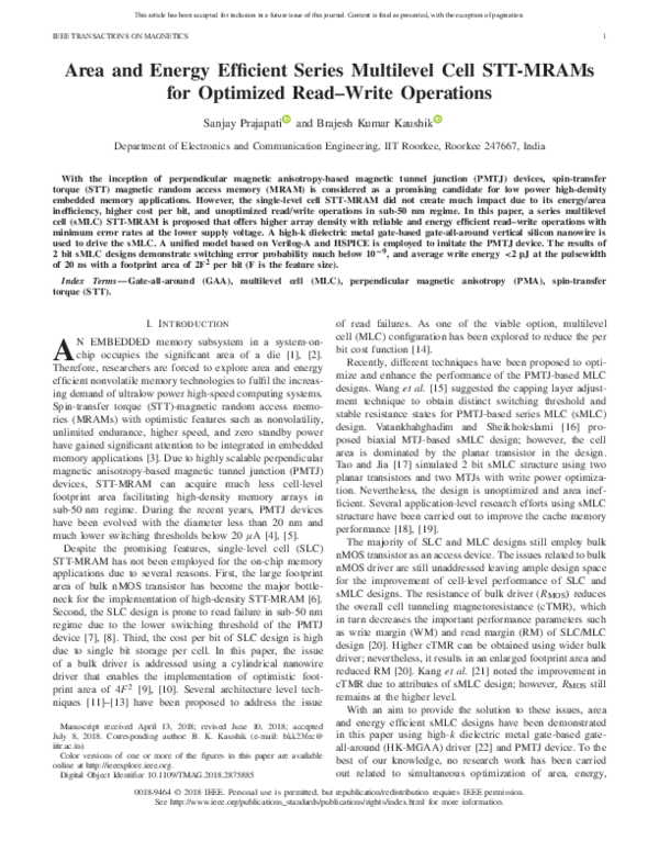 Pdf Area And Energy Efficient Series Multilevel Cell Stt Mrams For Optimized Read Write Operations