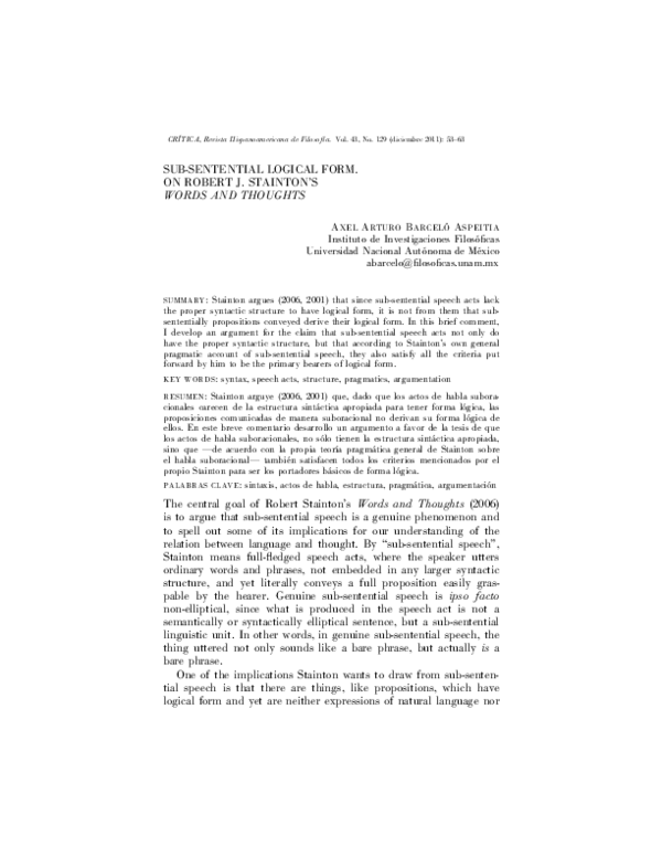 (PDF) Sub-Sentential Logical Form. On Robert J. Stainton’s Words and ...