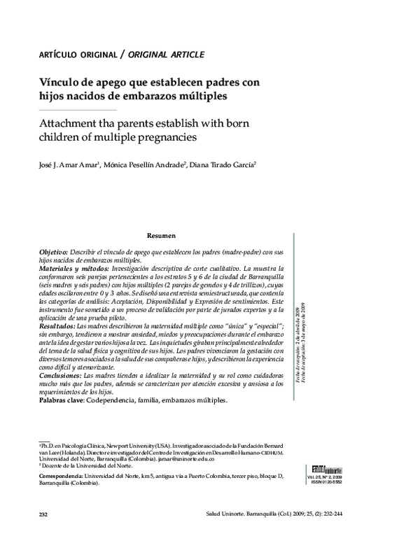 (PDF) Vínculo de apego que establecen padres con hijos nacidos de embarazos múltiples