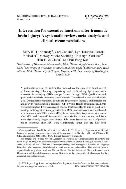 (PDF) Intervention for executive functions after traumatic brain injury: A systematic review ...