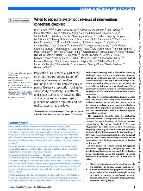 Pdf When To Replicate Systematic Reviews Of Interventions Consensus