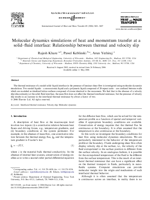 (PDF) Molecular dynamics simulations of heat and momentum transfer at a solid–fluid interface ...