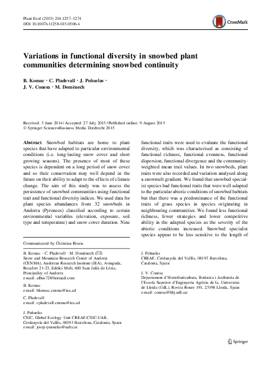 (PDF) Variations in functional diversity in snowbed plant communities ...