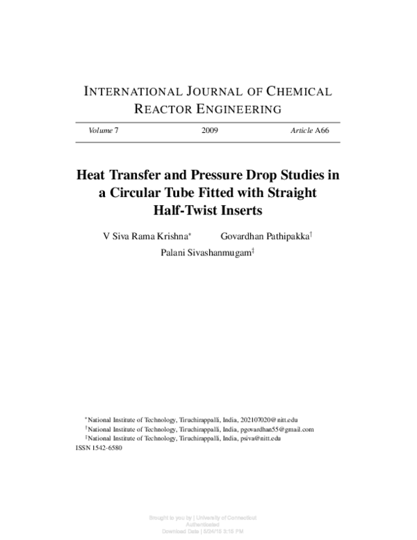 (PDF) Heat transfer and pressure drop studies in a circular tube fitted ...