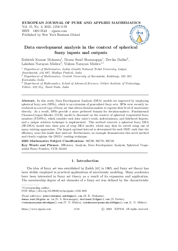 (PDF) Data Envelopment Analysis on the Context of Spherical Fuzzy Inputs and Outputs | Kshitish ...