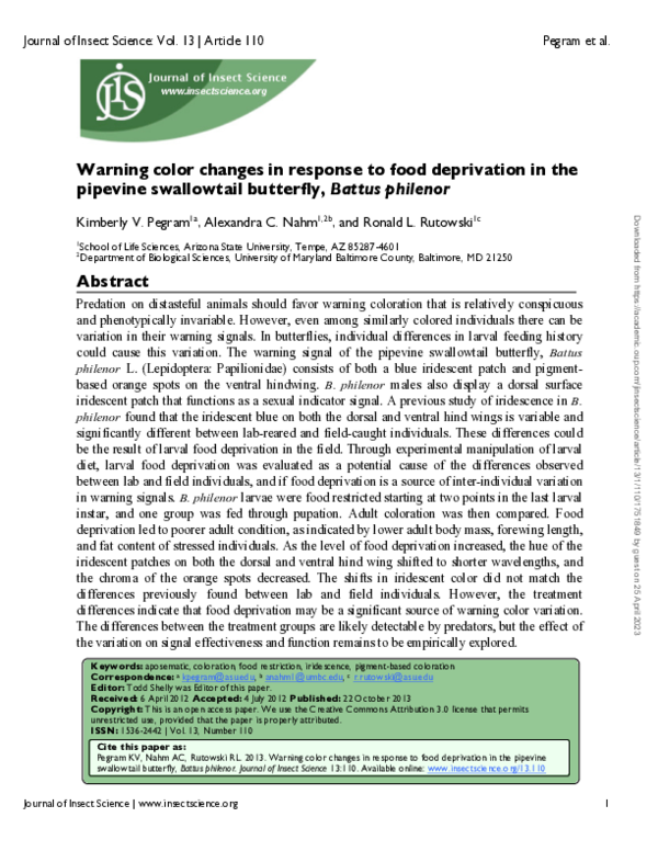 (PDF) Warning Color Changes in Response to Food Deprivation in the ...
