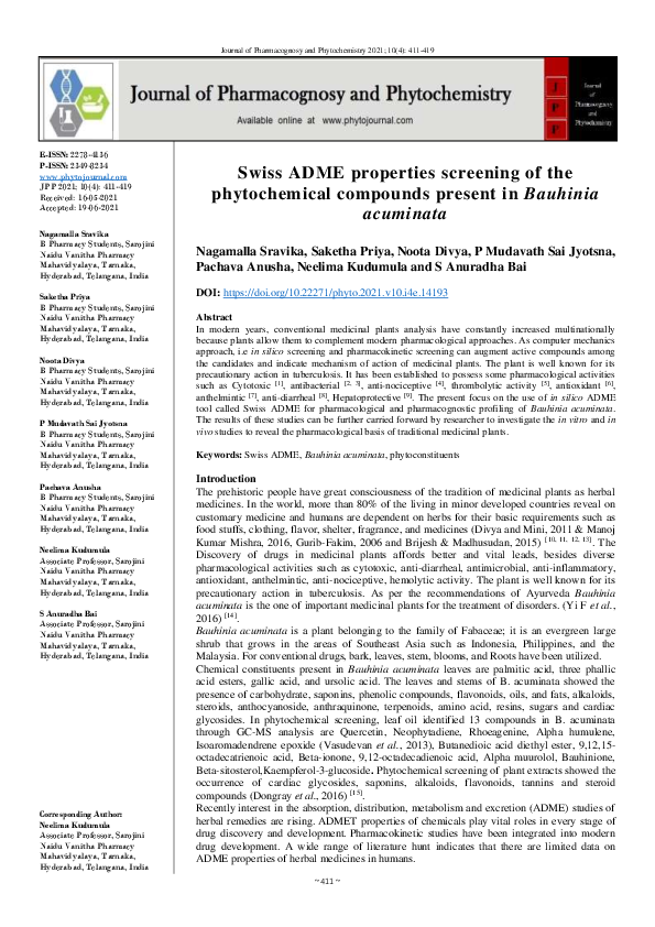 (PDF) Swiss ADME properties screening of the phytochemical compounds present in Bauhinia acuminata
