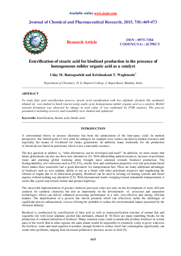 (PDF) Esterification of stearic acid for biodiesel production in the ...