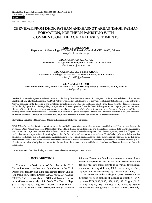 (PDF) Cervidae from Dhok Pathan and Hasnot areas (Dhok Pathan Formation ...