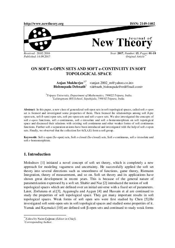 (PDF) ON SOFT e-OPEN SETS AND SOFT e-CONTINUITY IN SOFT TOPOLOGICAL SPACE