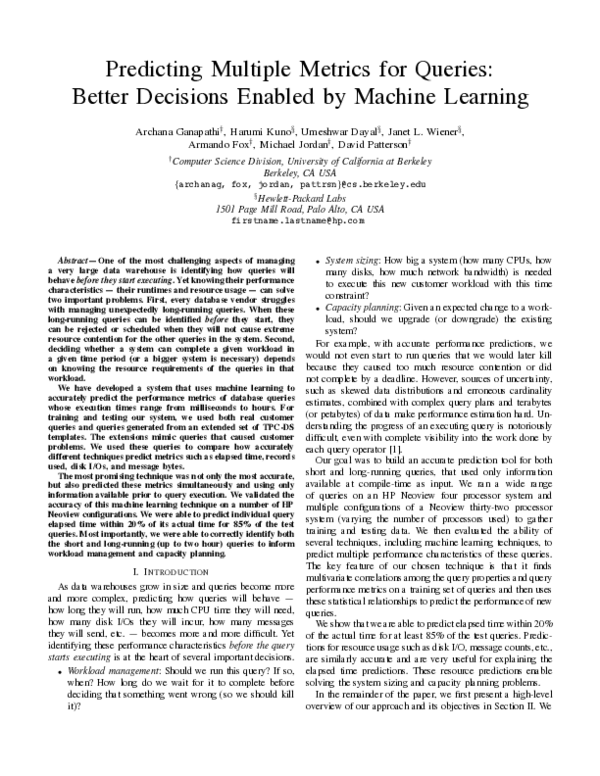 Pdf Predicting Multiple Metrics For Queries Better Decisions Enabled By Machine Learning 7112