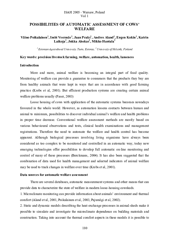 (PDF) Possibilities of Automatic Assessment of Cows' Welfare
