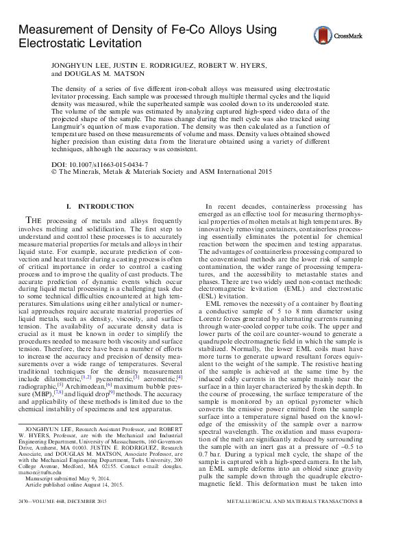 (PDF) Measurement of Density of Fe-Co Alloys Using Electrostatic Levitation