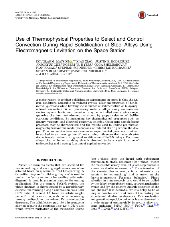 (PDF) Use of Thermophysical Properties to Select and Control Convection During Rapid ...
