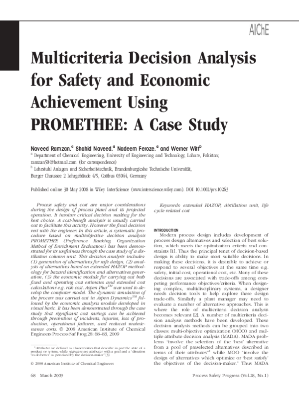 (PDF) Multicriteria decision analysis for safety and economic achievement using PROMETHEE: A ...