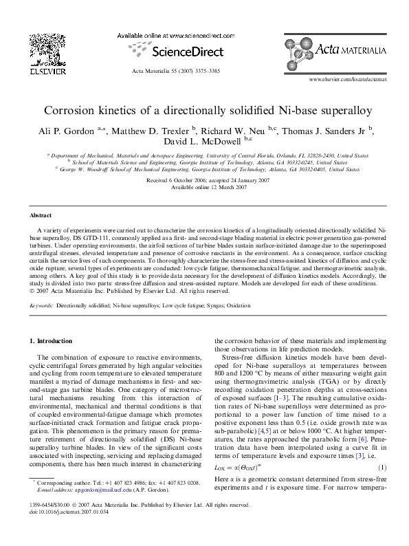 (PDF) Corrosion kinetics of a directionally solidified Ni-base superalloy
