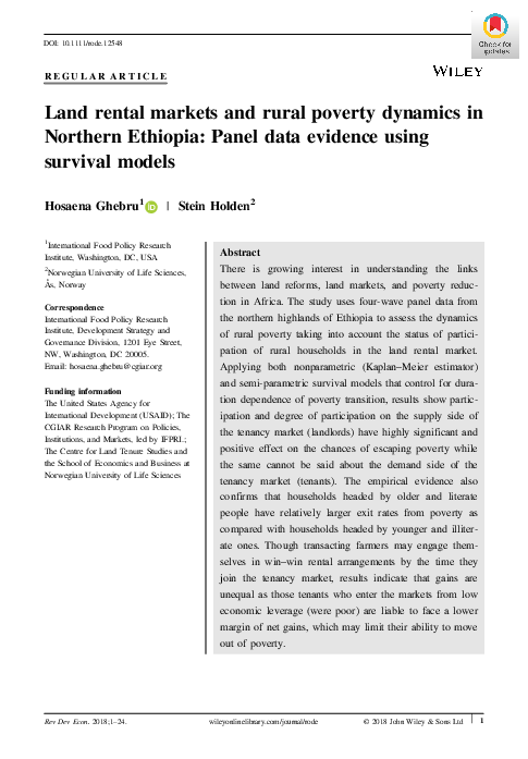 (PDF) Land rental markets and rural poverty dynamics in Northern ...