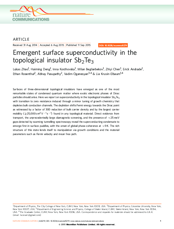 (PDF) Emergent surface superconductivity in the topological insulator Sb2Te3