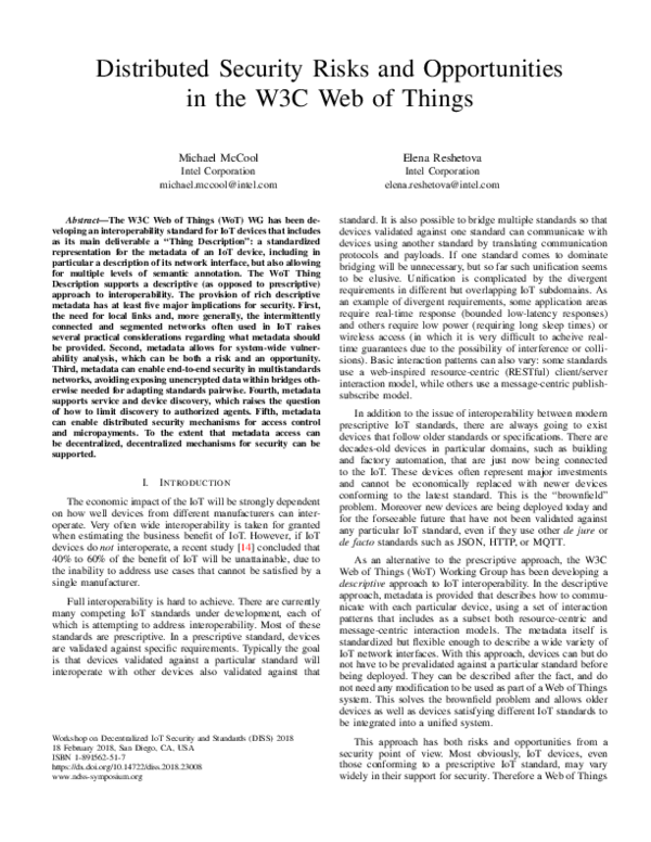 (PDF) Distributed Security Risks and Opportunities in the W3C Web of Things
