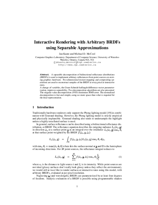 (PDF) Interactive Rendering with Arbitrary BRDFs using Separable Approximations