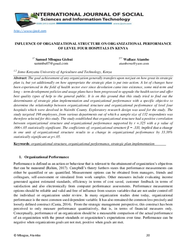 (PDF) INFLUENCE OF ORGANIZATIONAL STRUCTURE ON ORGANIZATIONAL PERFORMANCE OF LEVEL FOUR ...