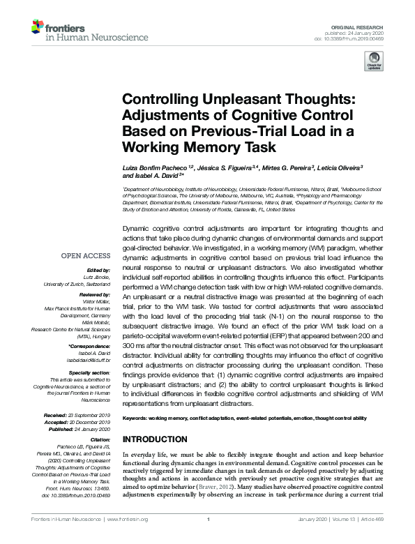 (PDF) Controlling Unpleasant Thoughts: Adjustments of Cognitive Control Based on Previous-Trial ...