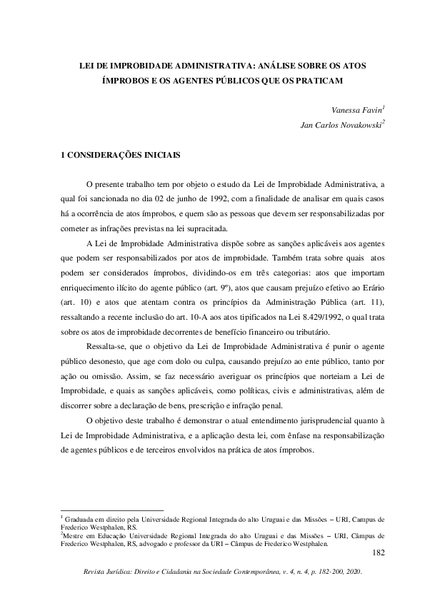 (PDF) Lei De Improbidade Administrativa: Análise Sobre Os Atos Ímprobos ...