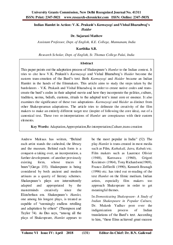 (PDF) Indian Hamlet in Action: V. K. Prakash's Karmayogi and Vishal ...