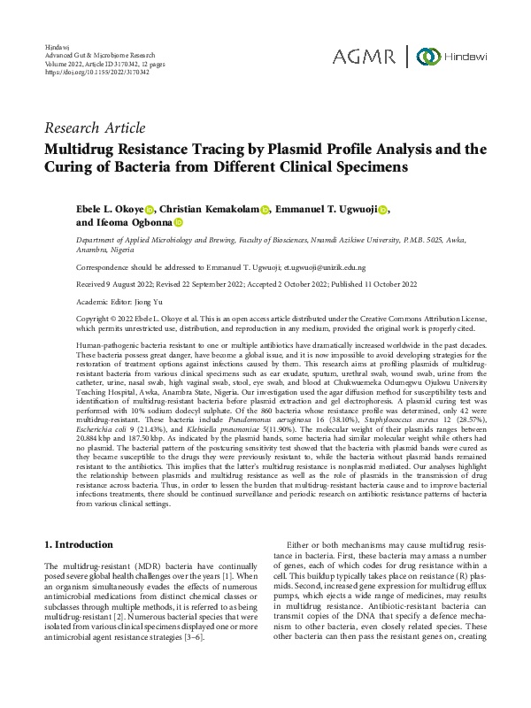 (PDF) Multidrug Resistance Tracing by Plasmid Profile Analysis and the ...